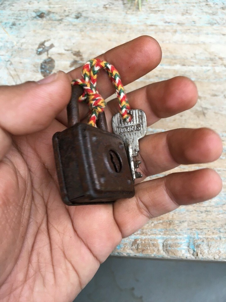 Antique Old Hand Forged Rustic Iron Made MORRIS Brand Small Lock & Key ...