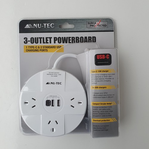 Nu-Tec 3 Outlet Powerboard – 1 Type-C & 2 USB Charging Ports Surge ...