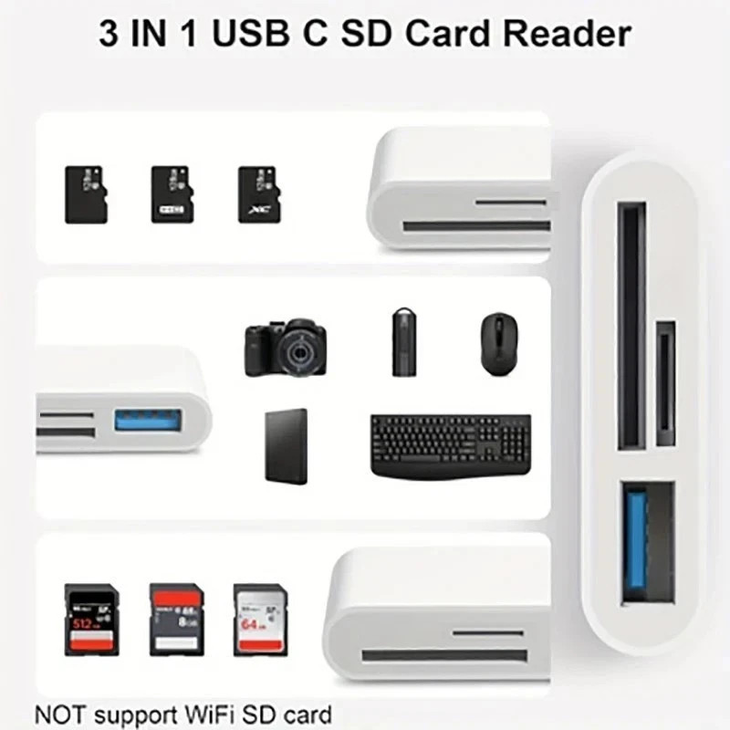 USB C to SD Card Reader, 3-in-1 Hub Converter, Micro SD TF Memory Type ...