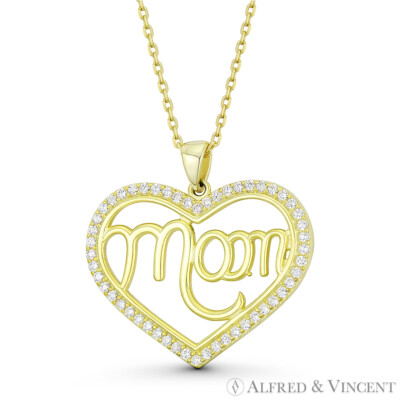 Mom Script Heart CZ Crystal Love Charm Pendant YGP .925 Sterling Silver ...