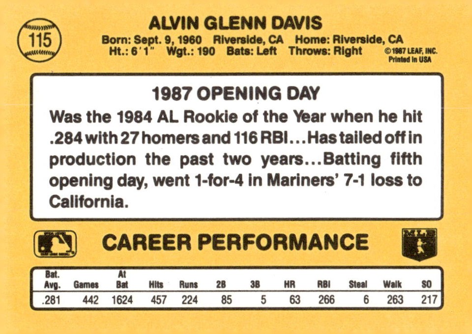 1987 Donruss Opening Day #115 Alvin Davis | eBay