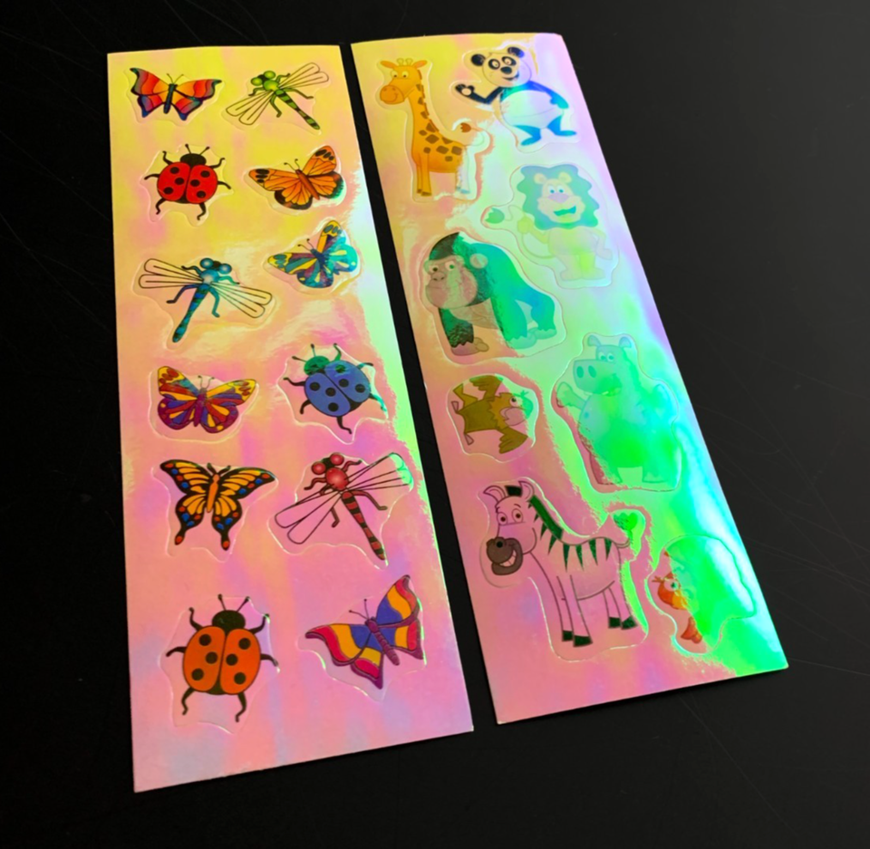 2 ZOO ANIMALS INSECTS BUGS BUTTERFLY VINTAGE sticker PEARLY IRIDESCENT FOIL HOLO | eBay