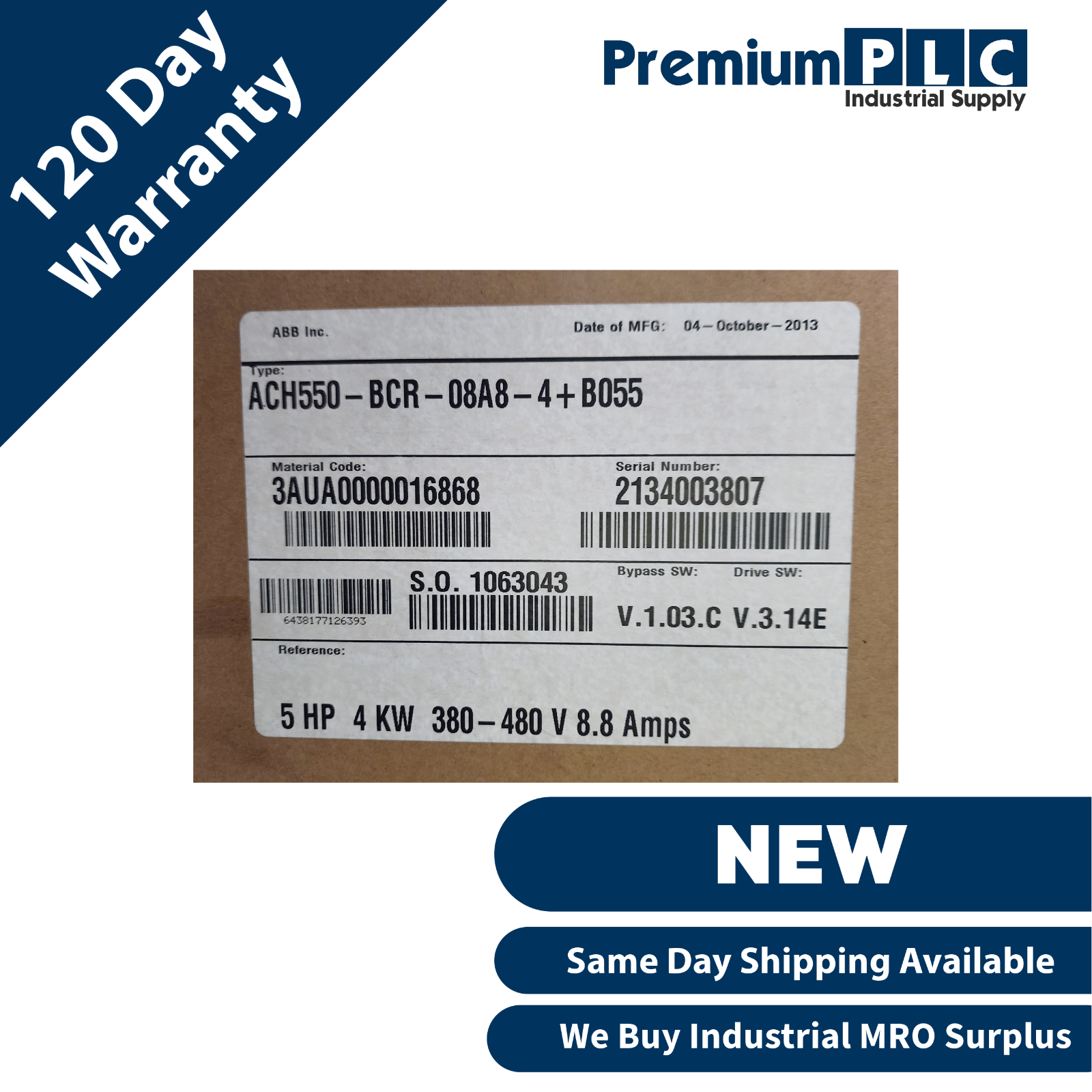 NEW ABB ACH550-BCR-08A8-4+B055 ACH550 SERIES AC HVAC DRIVE 5HP/4kW 380 ...