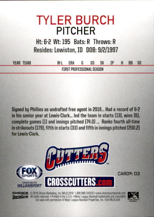 2019 Williamsport Crosscutters Choice 3 Tyler Burch Lewiston Idaho ...