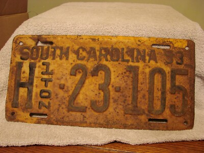 1953 SOUTH CAROLINA SC. LICENSE PLATE #H 1TON 23 105. HAS RUST BUT ...