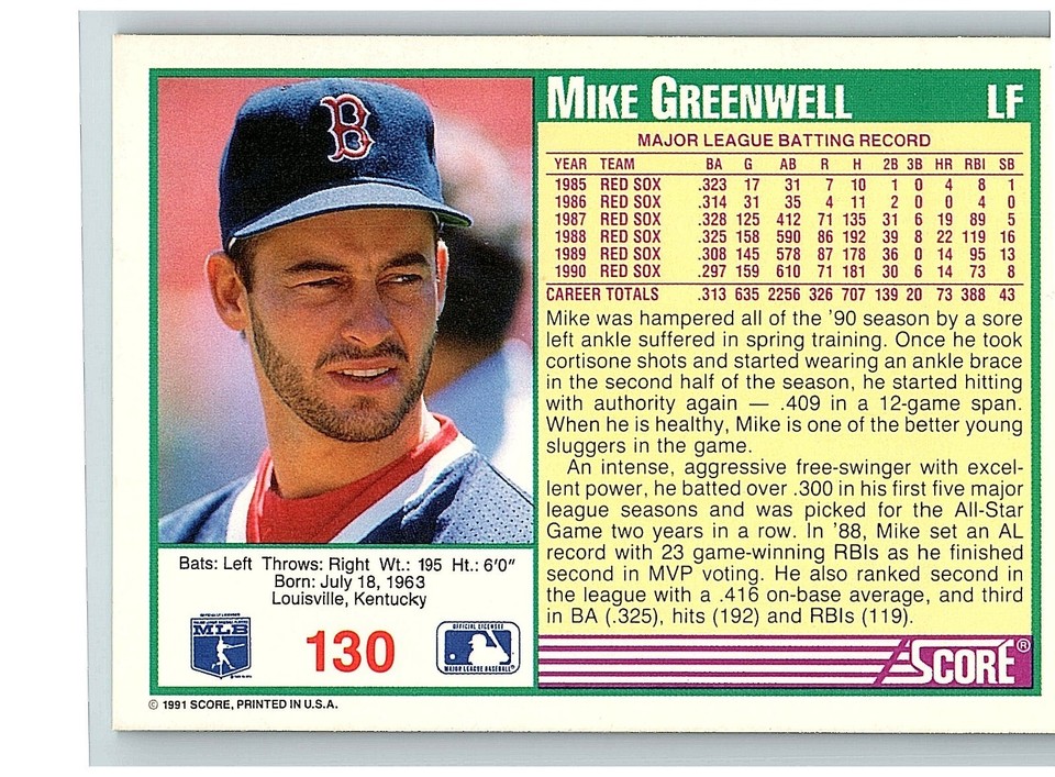 1991 Score Baseball Card Single - #130 Mike Greenwell | eBay