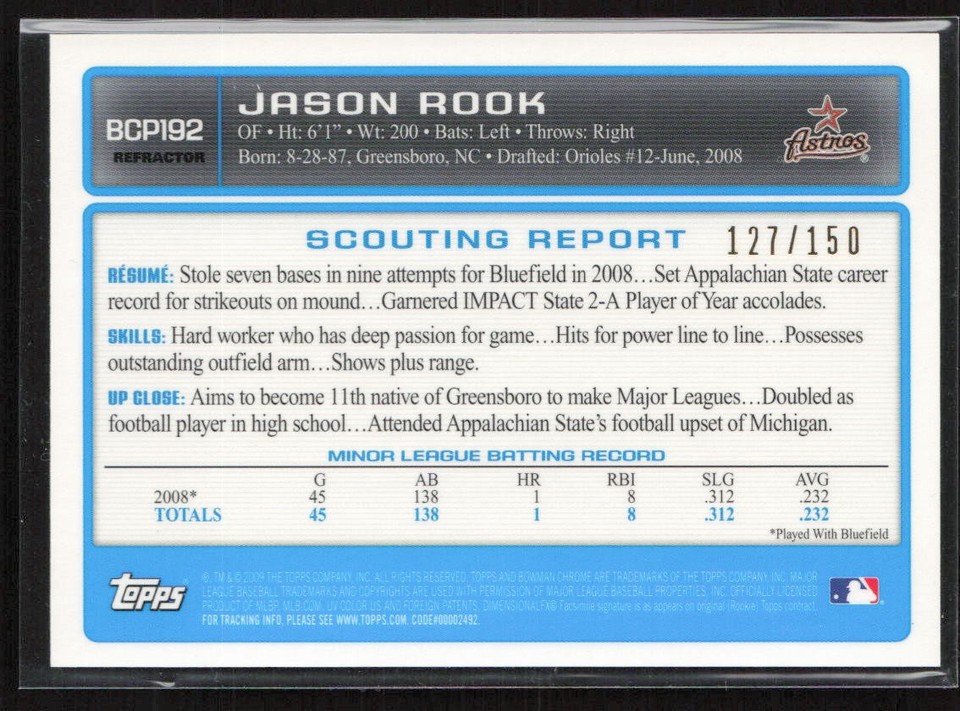2009 Bowman Chrome Prospects Blue Refractors #/150 Jason Rook #BCP192 ...