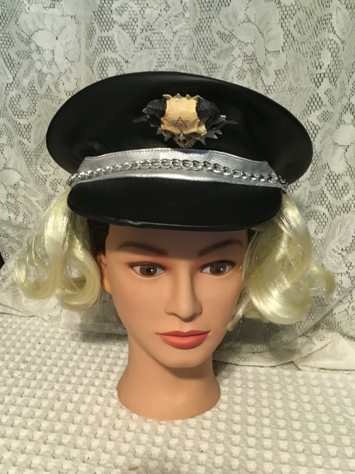 womens BLACK POLICE COP HAT HALLOWEEN COSTUME blonde wig attached skull ...