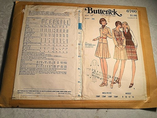 Butterick Sewing Pattern 6760 Size 14 Misses Dress Vest Vintage 1970's ...