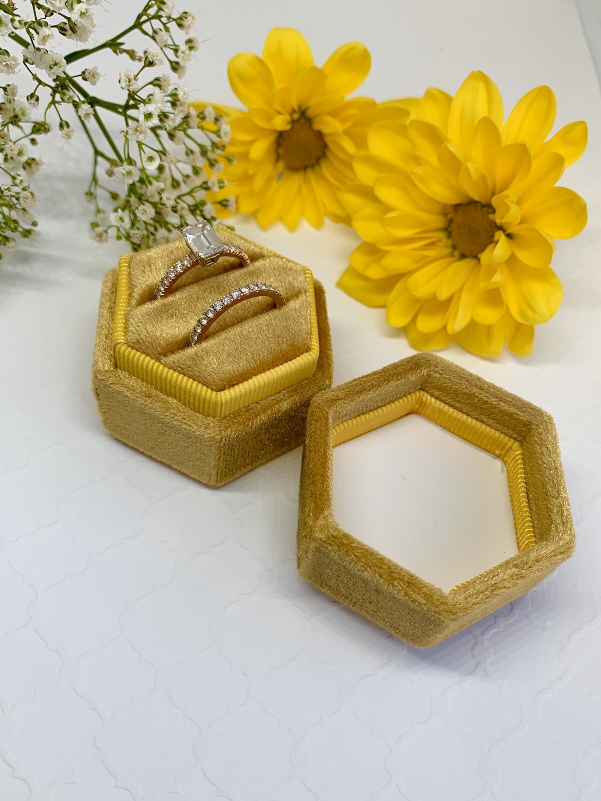 Velvet Ring Box Mustard Color Double Slot Hexagon Shape | eBay