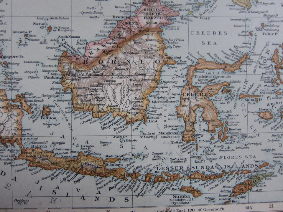 1893 LARGE ANTIQUE MAP ~ SIAM MALAY ARCHIPELAGO BORNEO CELEBES JAVA ...