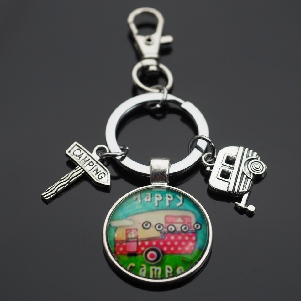 Happy Camper Camping RV Trailer Cute Glass Cabochon Dome Keychain with ...