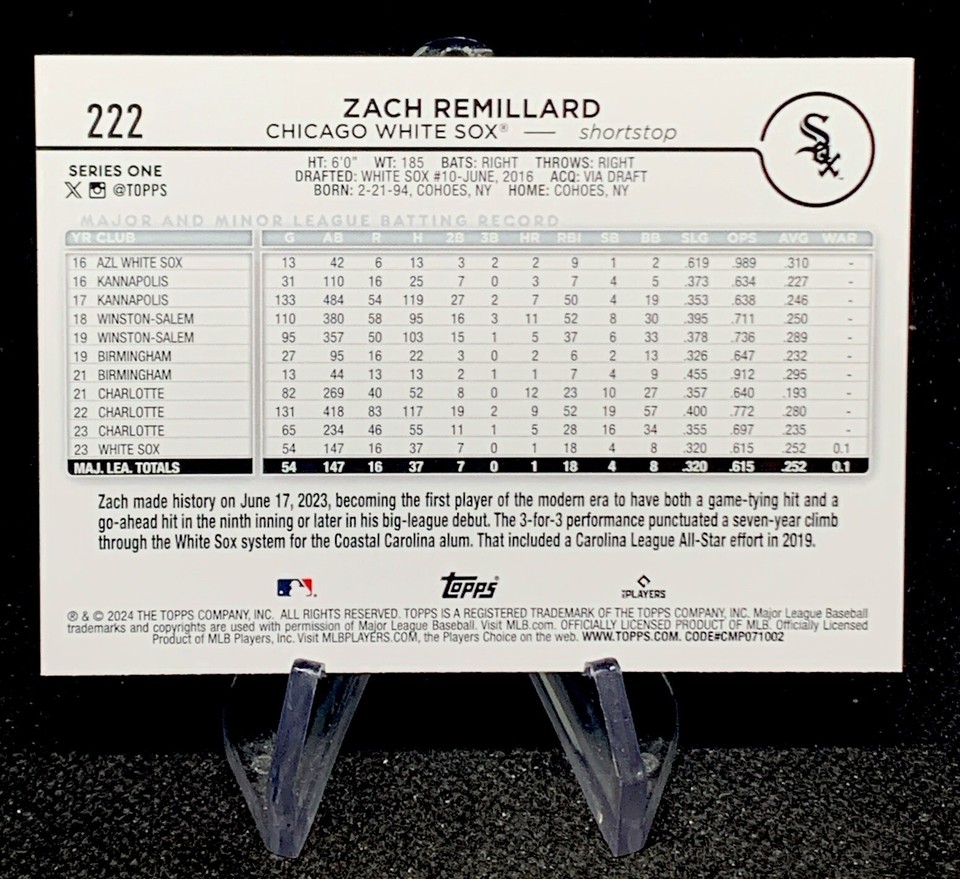 2024 Topps Zach Remillard #222 RC Chicago White Sox | eBay