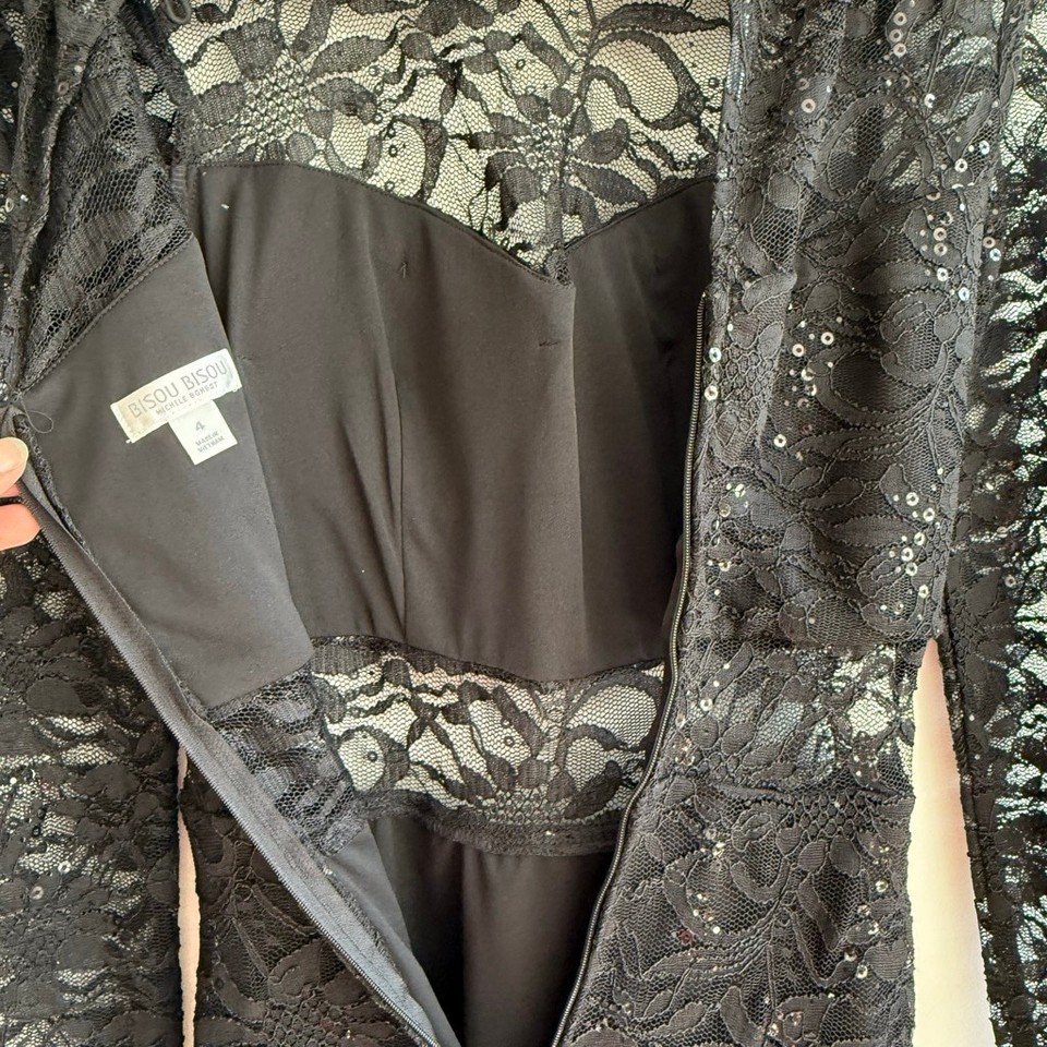 Bisou Bisou Michele Bohbot Black Lace Sequin Long Sleeve Evening Gown ...