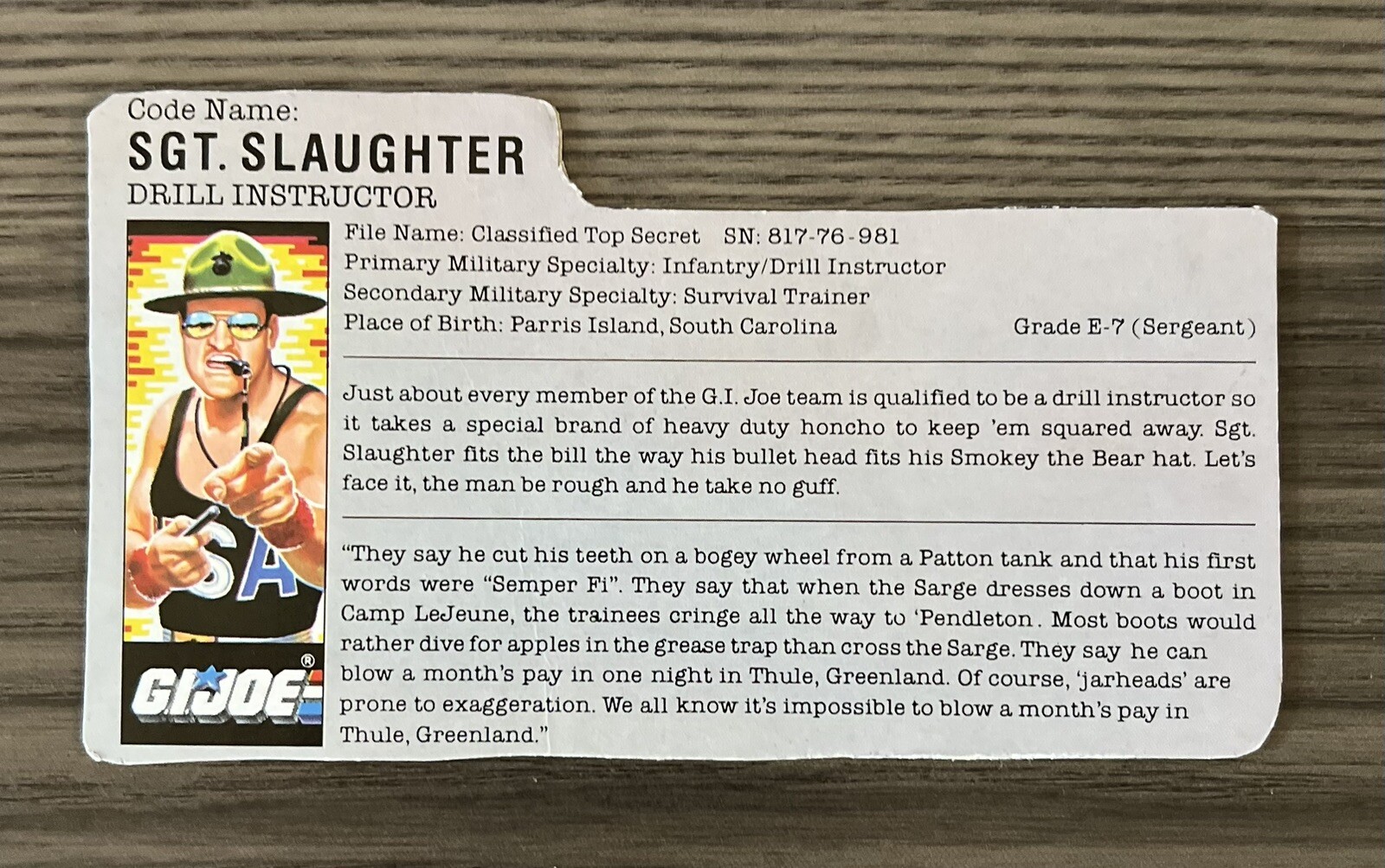 1985 G.I. Joe SGT. SLAUGHTER Red Back Bio File Card | eBay