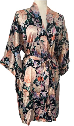 Victorias Secret Bathrobe Silk Satin Kimono Floral Blue Vintage One ...