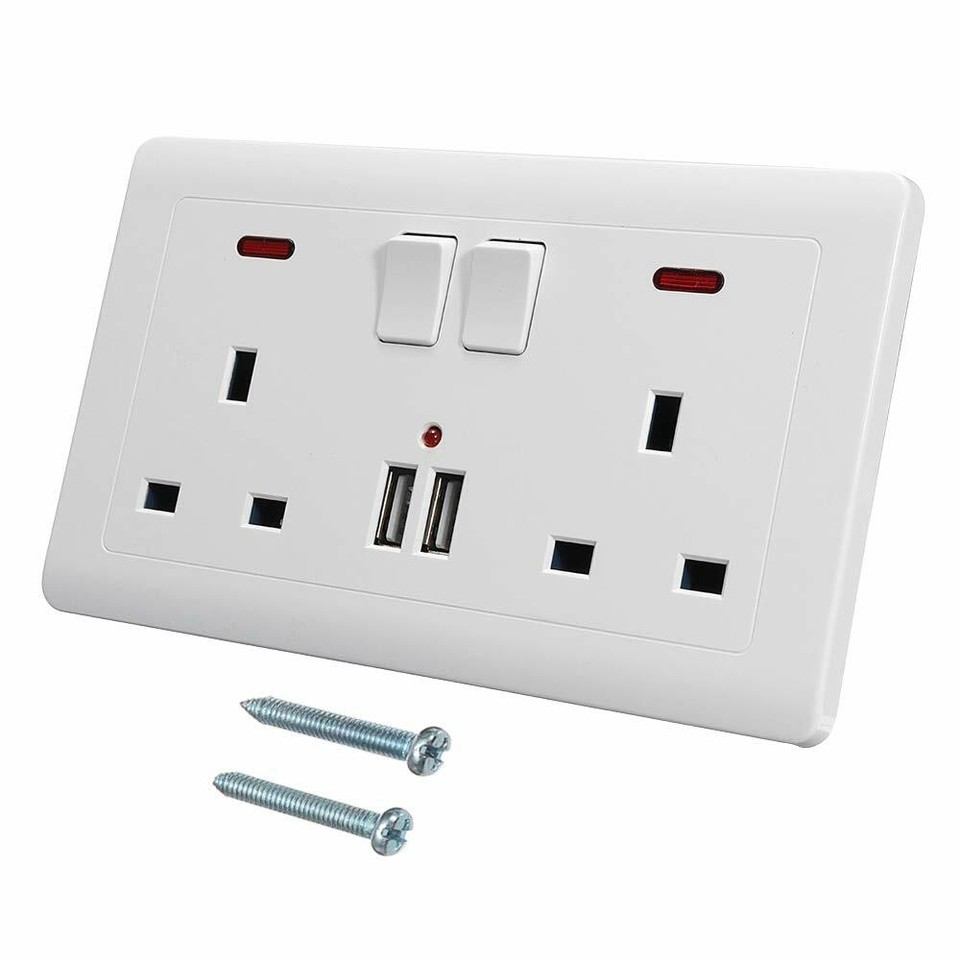 Double Wall Plug Socket 2 Gang 13A with 2 USB Charger Port Outlets ...