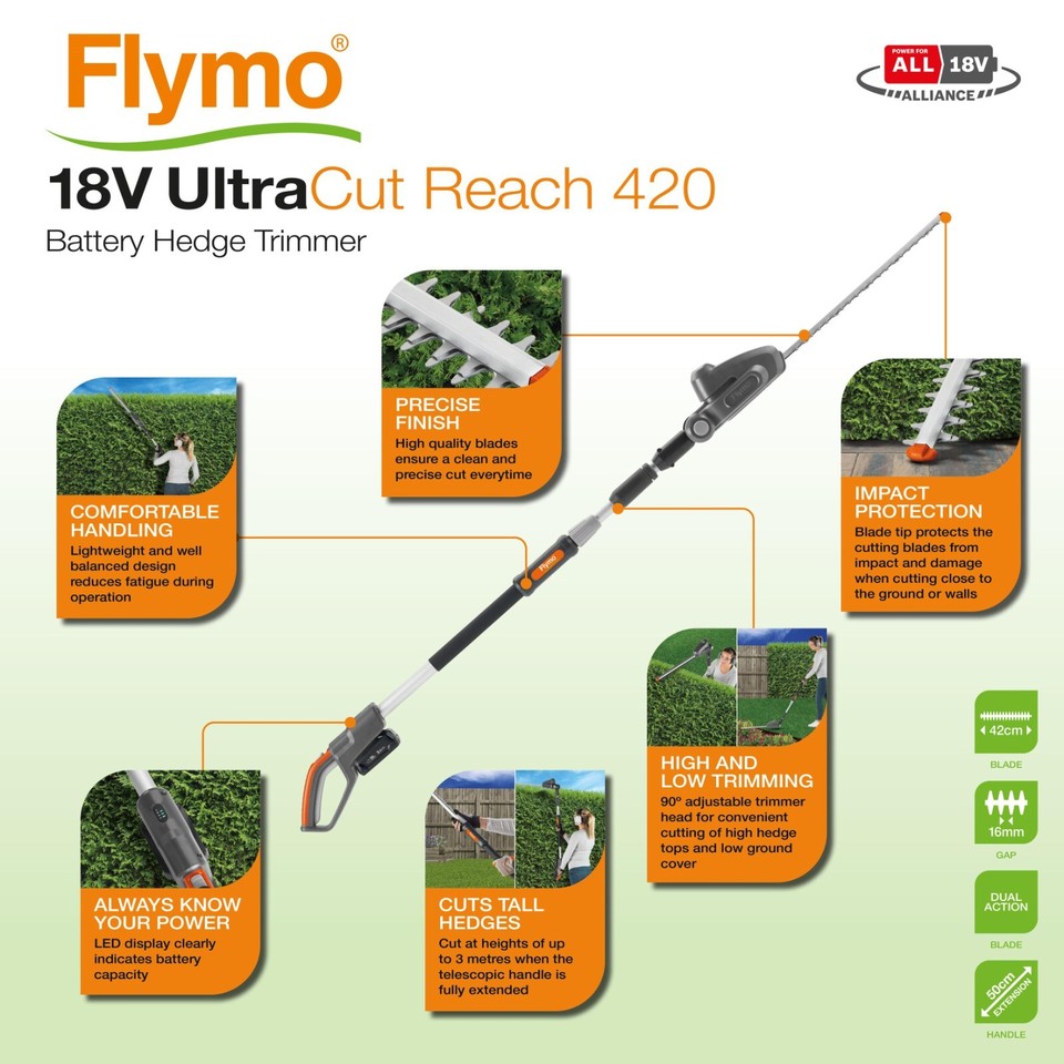 Flymo 18V UltraCut Reach 420 Telescopic Hedge Trimmer - Brand New | eBay UK