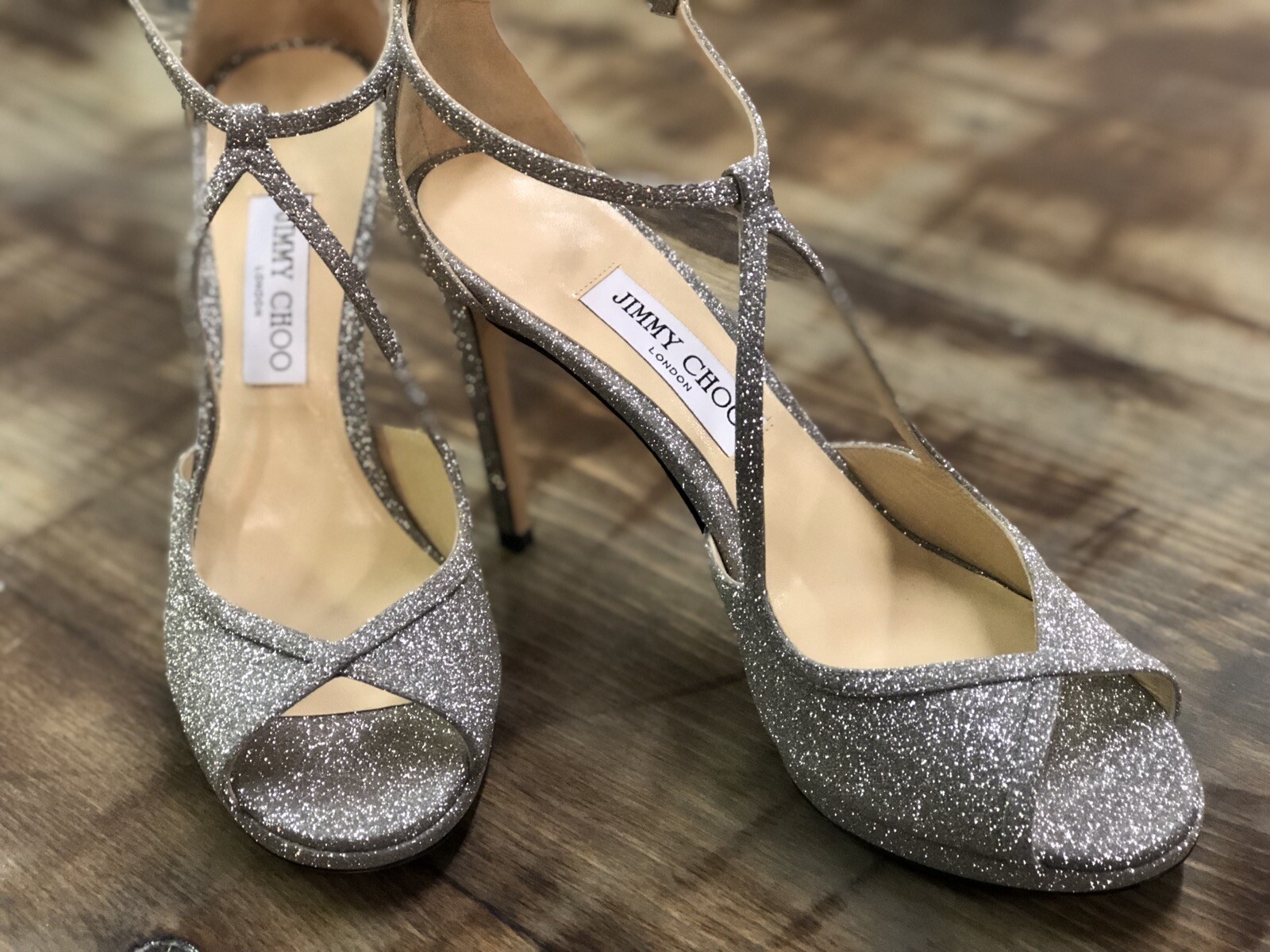 Jimmy Choo Silver Glitter Sparkle Peep Toe Heels Dres… - Gem