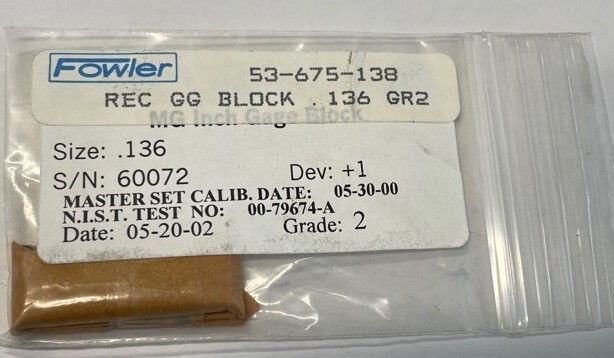 Fowler 53-675-138 Individual Rectangular Steel Gage Block, Size .136 ...