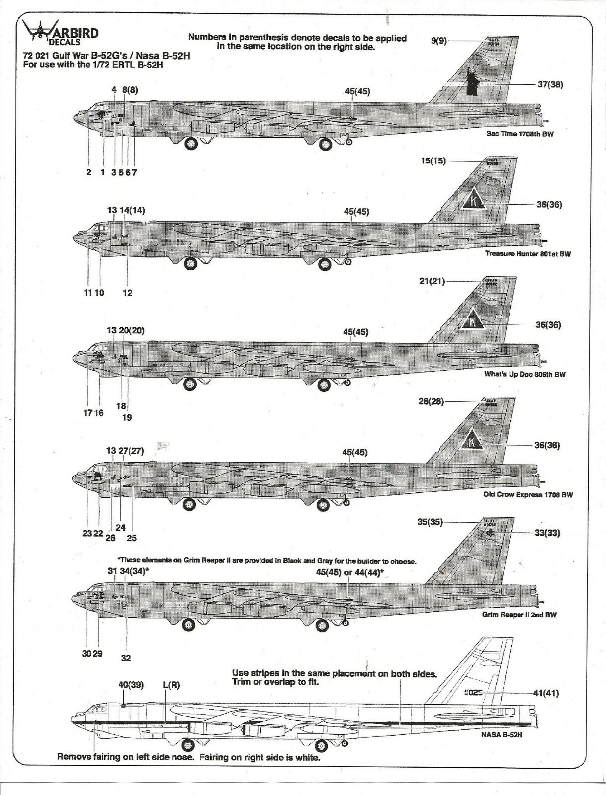 Warbird Gulf War, NASA B-52 G/H Stratofortress Decals 1/72 021 6 Opts ...