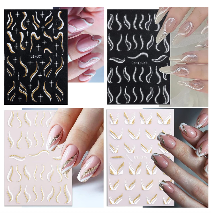 3D Glitter Gold Line Nail Art Stickers Decals French Tip Wavy Fringe ...