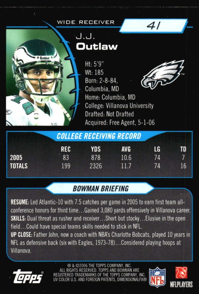 2006 Bowman Chrome J.J. Outlaw Rookie #41 Philadelphia Eagles | eBay