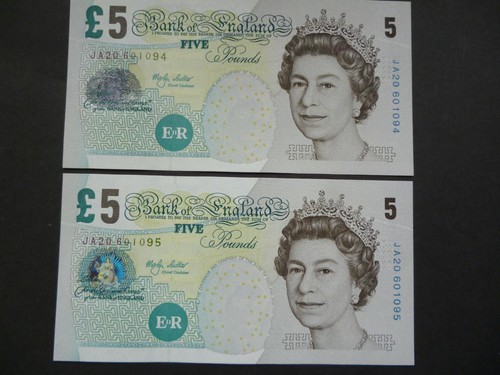 2002 PAIR LOWTHER UNCIRCULATED £5 FIVE POUND NOTES ELIZABETH FRY ...