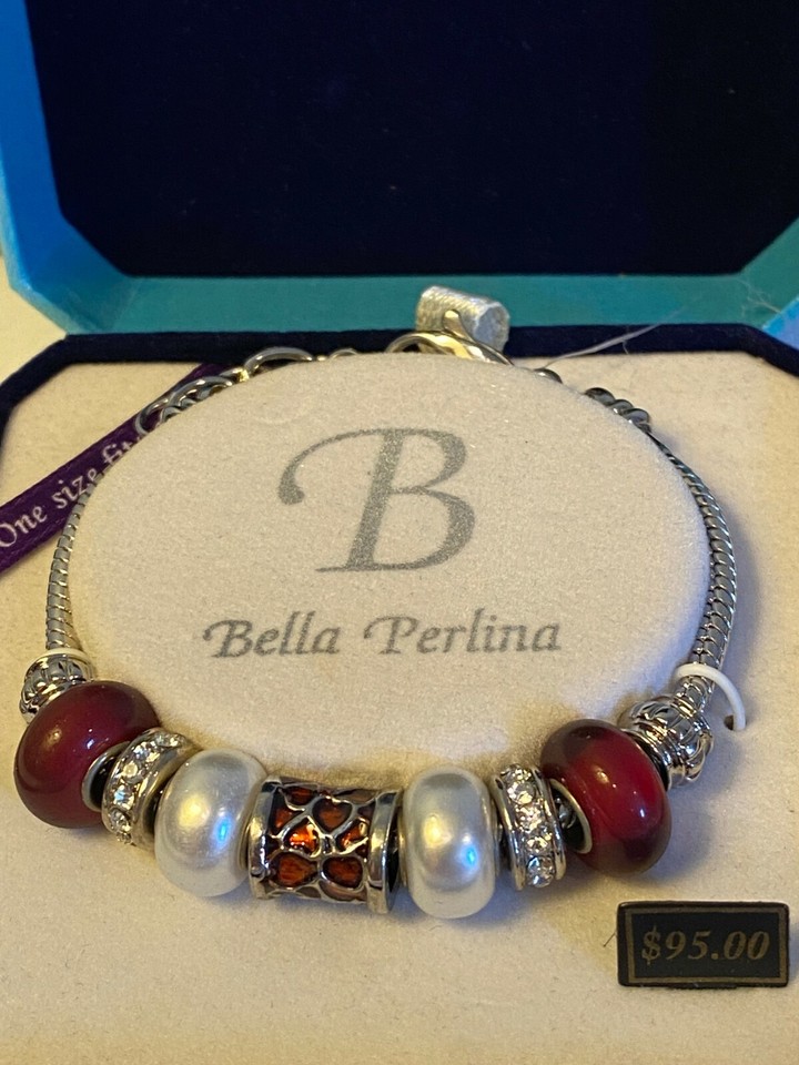 BELLA PERLINA Silver Red Rhinestone Pearl Beaded Bracelet - NIB $95 | eBay