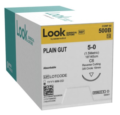 Look X500B Plain Gut Absorbable Sutures 5-0 18'' C6 3/8 Circle 19mm 12 ...