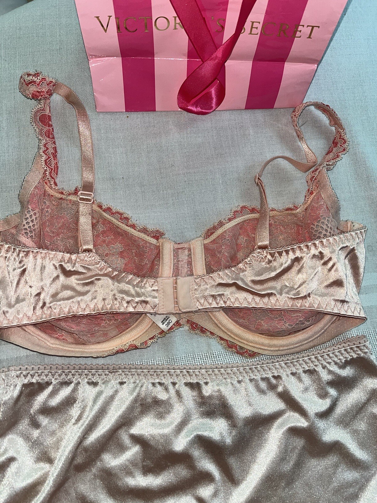 Set Vtg Victorias Secret Bra 2nd SATIN Lace Pink Coral 38C Vanity Fair ...