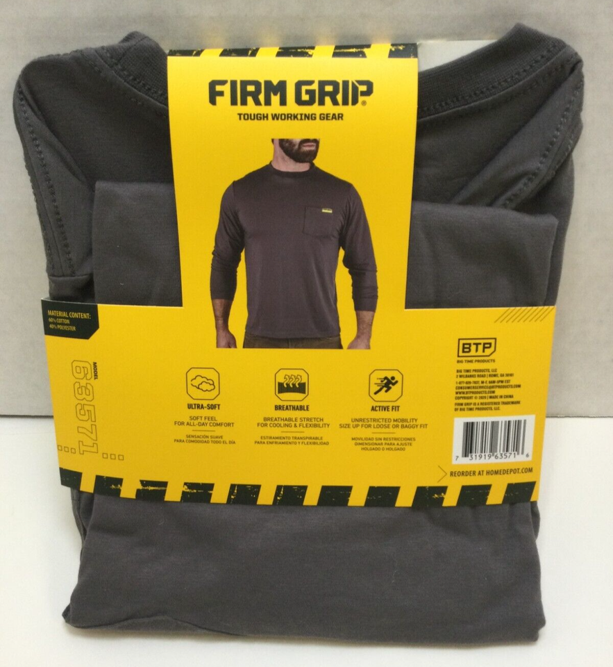 Firm Grip, Long Sleeved Pocket T-Shirt, Men's Medium, Gray, Tagless ...