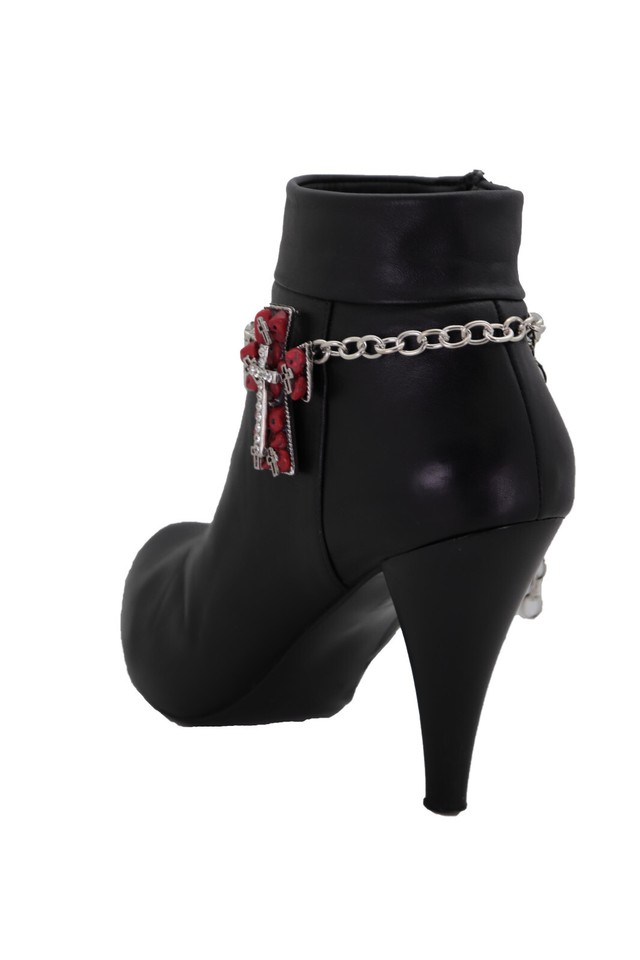 Women Silver Metal Chain Boot Bracelet Shoe Anklet Red Cross Charm ...