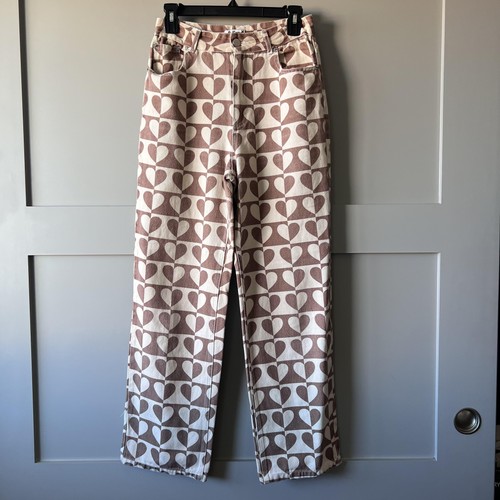 Red Berry Heart Print Jeans Womens Medium Brown High Rise Straight Leg ...