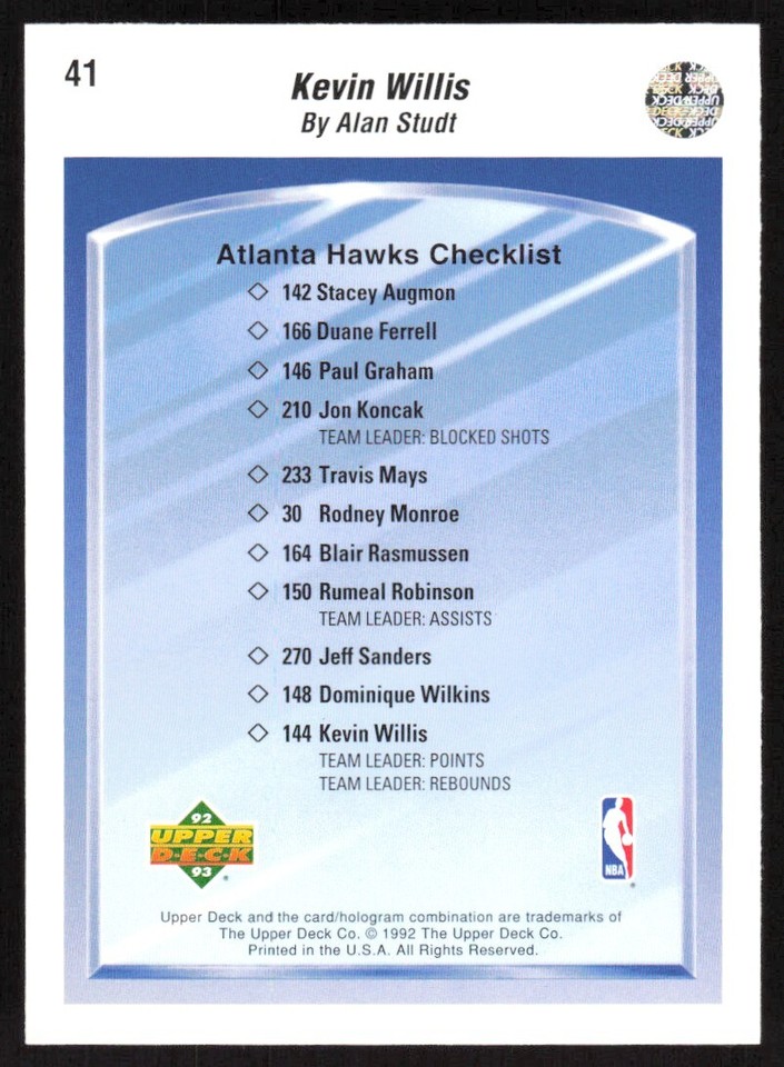 1992-93 KEVIN WILLIS UPPER DECK #41 ATLANTA HAWKS | eBay