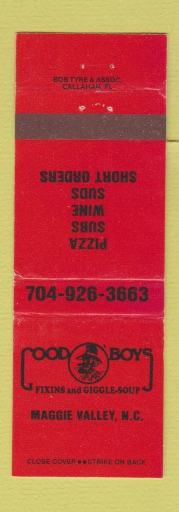 Matchbook Cover - Good Boys Fixins and Giggle Soup Maggie Valley NC RED ...