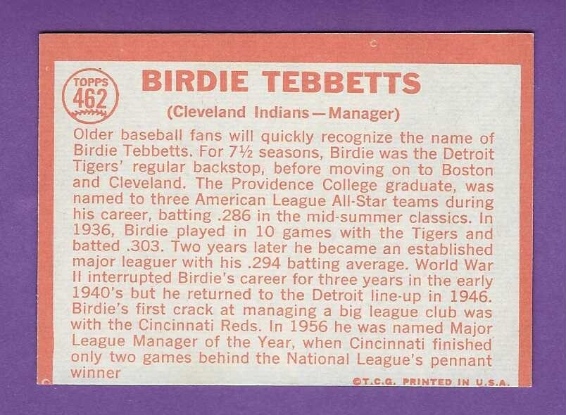 1964 Topps - #462 Birdie Tebbetts - Cleveland Indians - ExMt | eBay