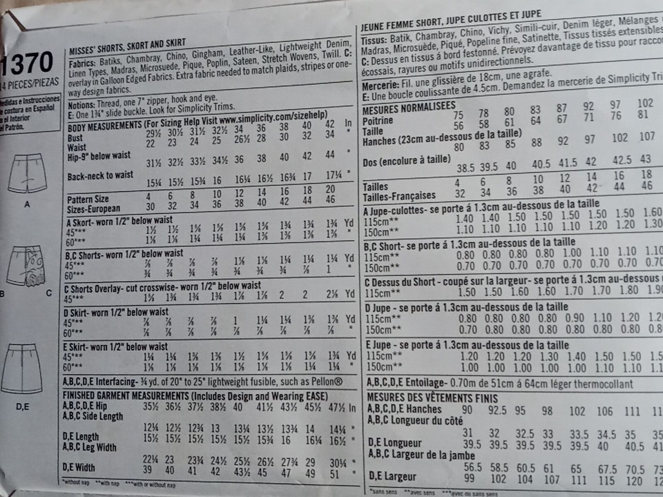 Simplicity 1370 Fabric Sewing Pattern Misses Shorts, Skorts & Skirt Sz ...