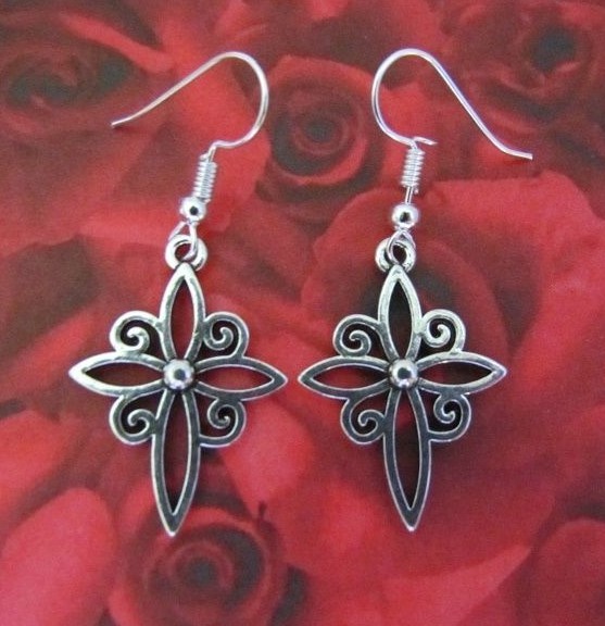 Fancy silver tone metal cross dangle earrings religious God Christian ...