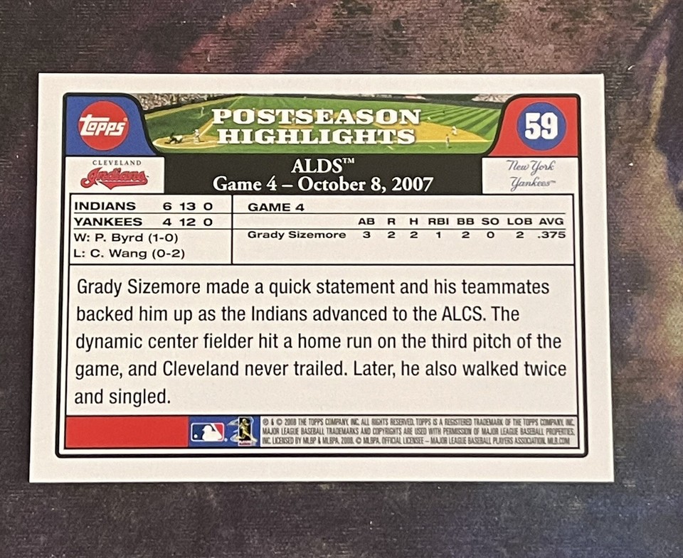 TOPPS 2008 MLB GRADY SIZEMORE #59 CLEVELAND ALDS HIGHLIGHTS BASEBALL ...