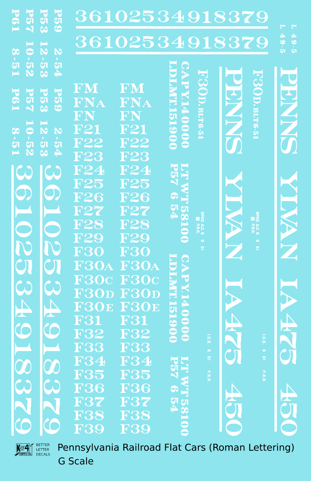 K4 G 1:24 Scale Decals Pennsylvania PRR F22 FM F30 Flatcars White Roman ...