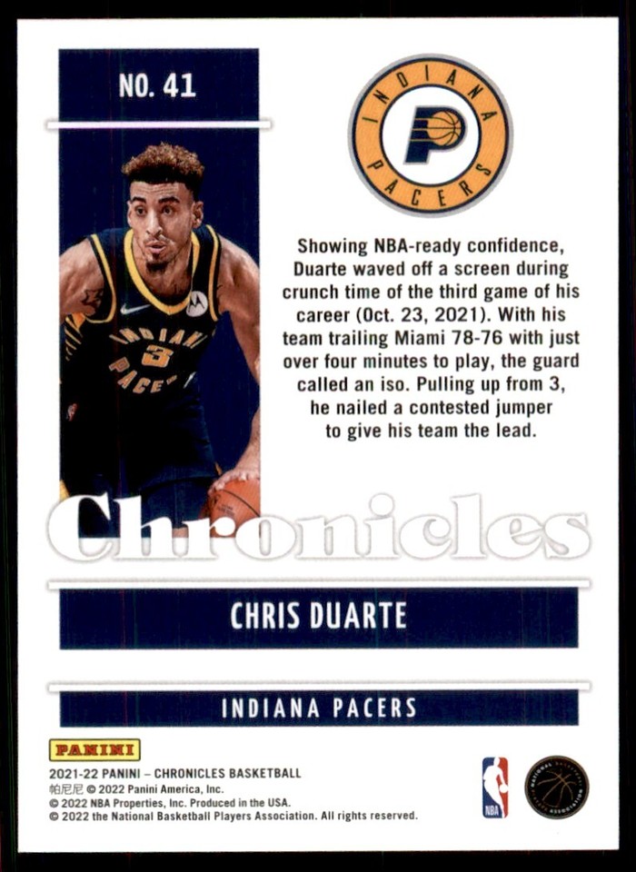 2021-22 Panini Chronicles Chris Duarte Rookie Indiana Pacers #41 NBA ...