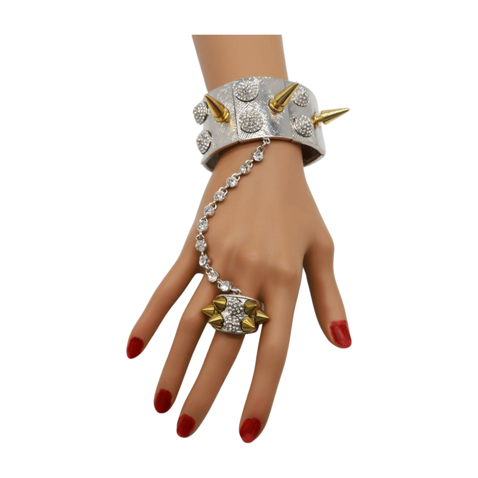 Women Silver Metal Hand Chain Gold Spike Bracelet Ring Special ...