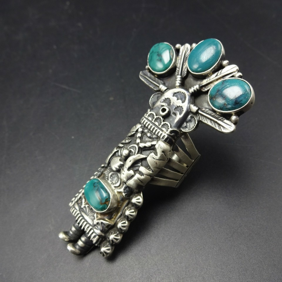 Huge 3.25" Long TOADLENA NAVAJO Sterling Silver TURQUOISE KACHINA RING ...