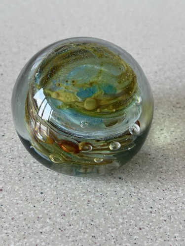 Glass Paperweight Green Brown Blue Yellow Swirls Bubbles Makers Mark ...