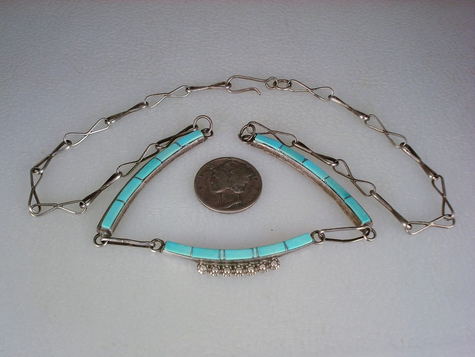 VINTAGE ZUNI STERLING SILVER & TURQUOISE INLAY 3 SEGMENT NECKLACE | eBay