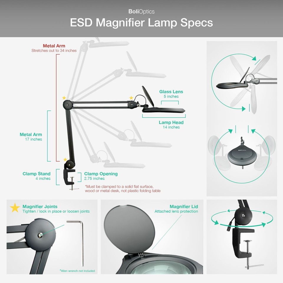ESD LED Magnifying Lamp w/ Clamp for PCB Soldering, Electronics Repair ...