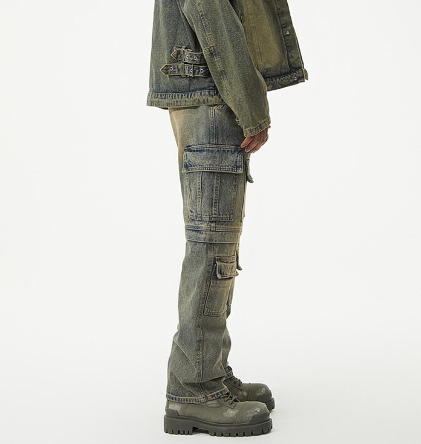 Men's Retro Blue Denim Jeans Straight Leg Pockets Punk Hip Hop Pants ...