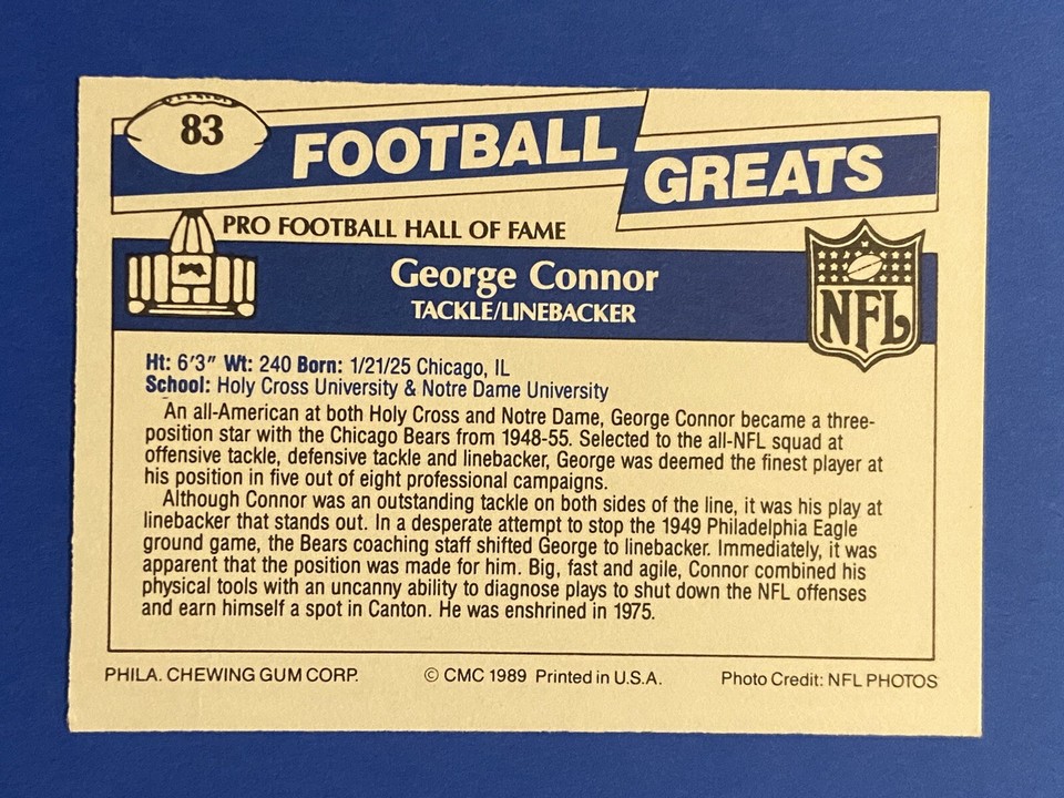 GEORGE CONNOR (Dec) HOF Signed 1989 Swell Greats Bears Notre Dame ...