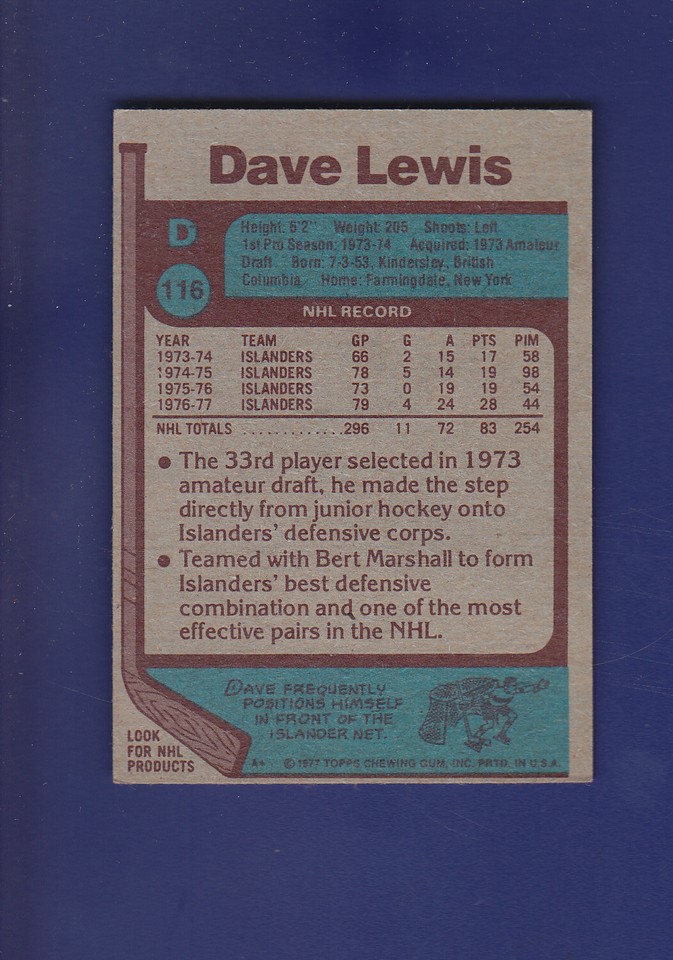 Dave Lewis 1977-78 TOPPS Hockey #114 (NM) New York Islanders | eBay